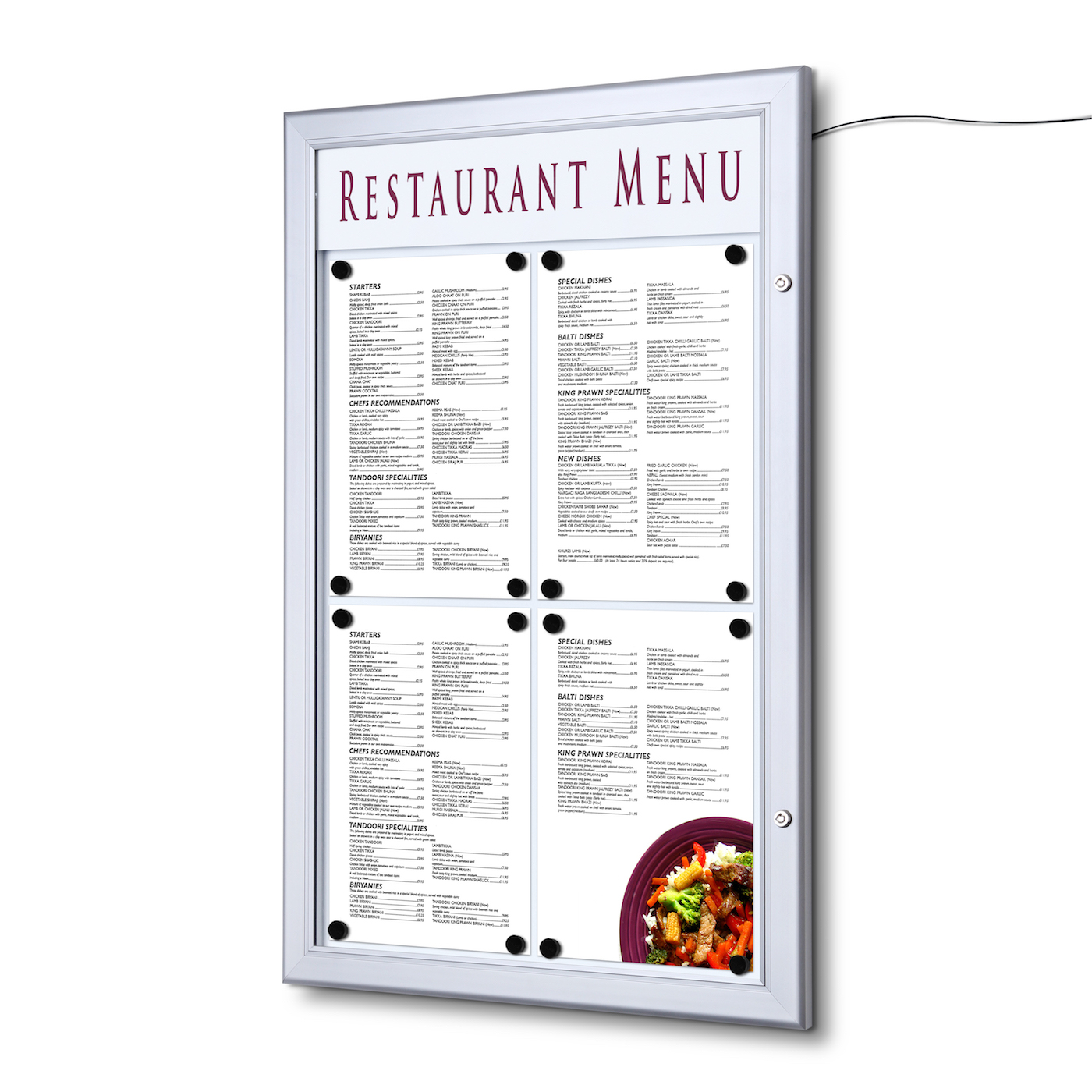 LED illuminated 20x31 - 4 page Menu Box - Magnetic - Lockable - outdoor